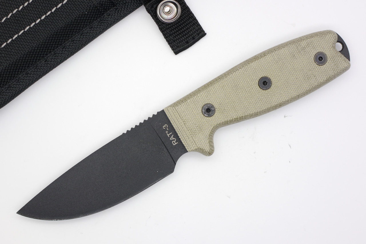 Ontario RAT-3, 3.4" Black 1095 Fixed Blade Knife w/ Micarta Handle ...