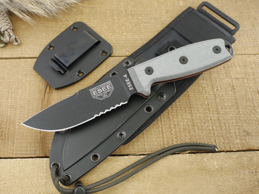 ESEE-4S-CP-MB-B Black Partially Serrated Blade w/ Grey Linen Micarta ...