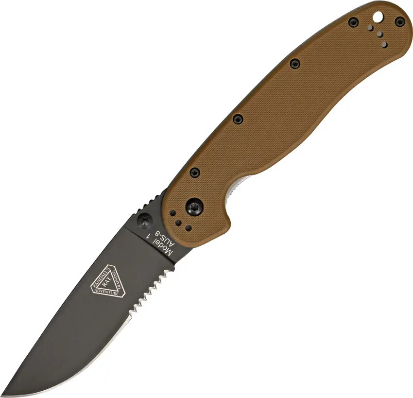 Ontario RAT Model 1 Folding Knife, 3.6" Serrated Stainless Black Blade ...