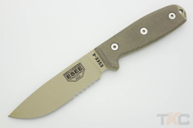 ESEE-4S-DT Desert Tan Partially Serrated Blade w/ Green Canvas Micarta ...