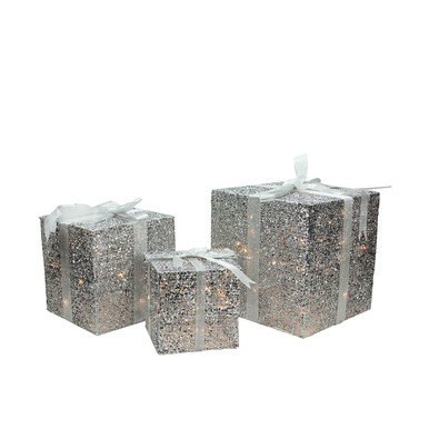 Set of 3 Lighted Silver & Glitter Gift Boxes Outdoor Christmas ...