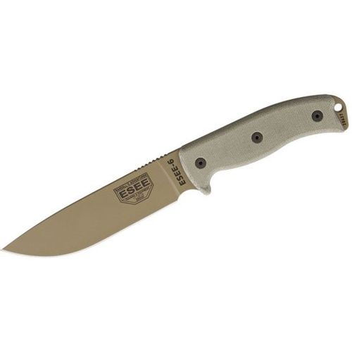 ESEE-6P-DE Dark Earth Plain Edge Knife, Black Sheath, Clip Plate