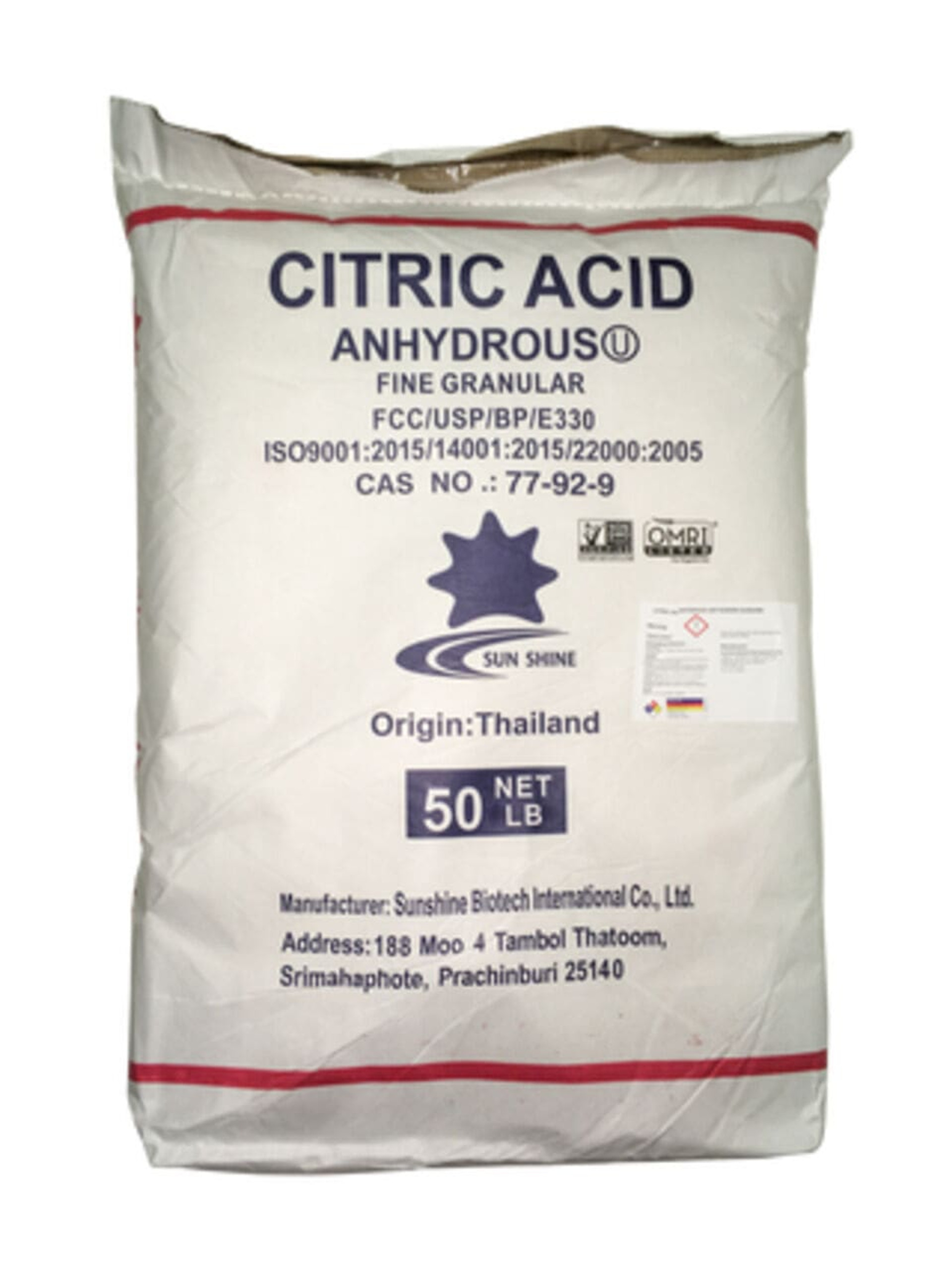 Sunshine Citric Acid Fine Granular Gmo Free 50 Lbs Bag For Sale
