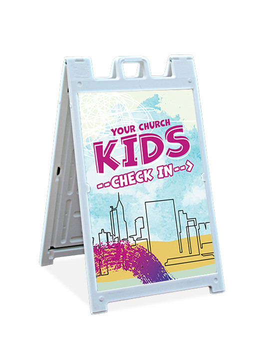 Kids Check-In - Sandwich Sign - Kids Cityscape - ChurchBanners.com