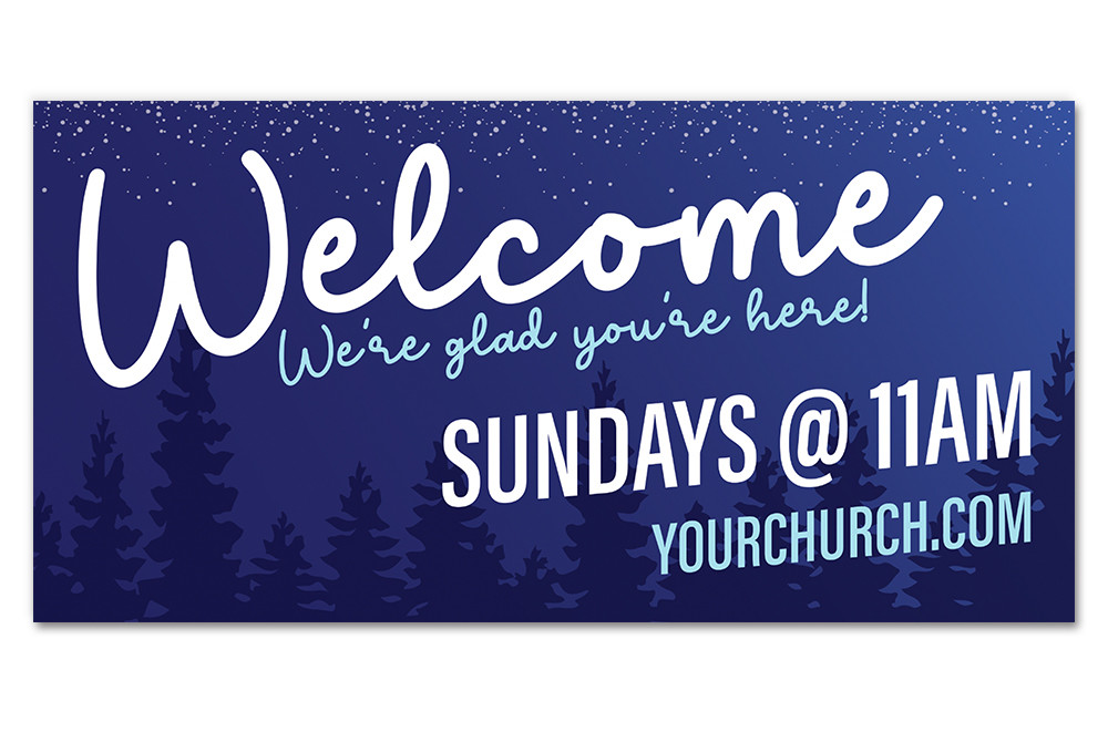 Welcome - Outdoor Banner - Snowy Night Trees - ChurchBanners.com