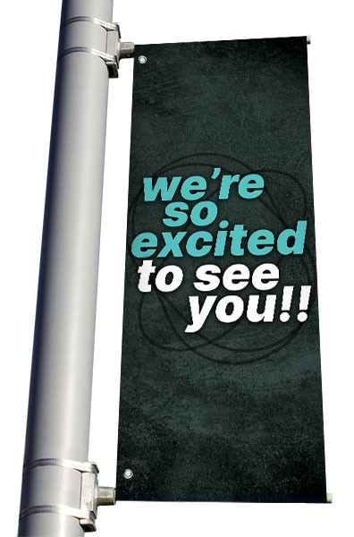 Excited to See You - Light Pole Banner - Grey Grunge - ChurchBanners.com