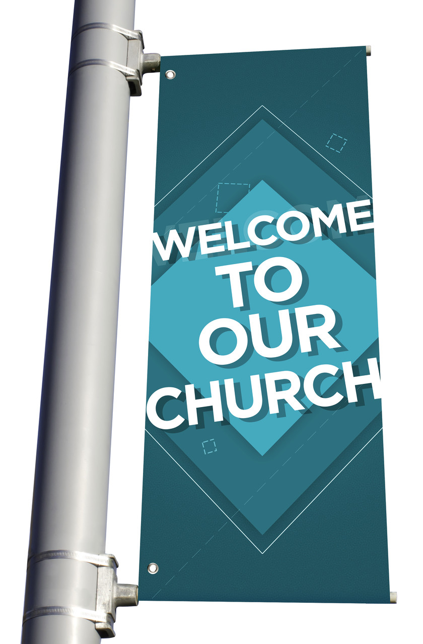 Welcome - Light Pole Banner - Pattern Design 1 Teal - ChurchBanners.com