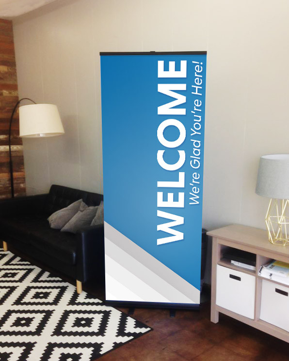 Welcome - D2 Retractable - Silver Stripes Blue - ChurchBanners.com