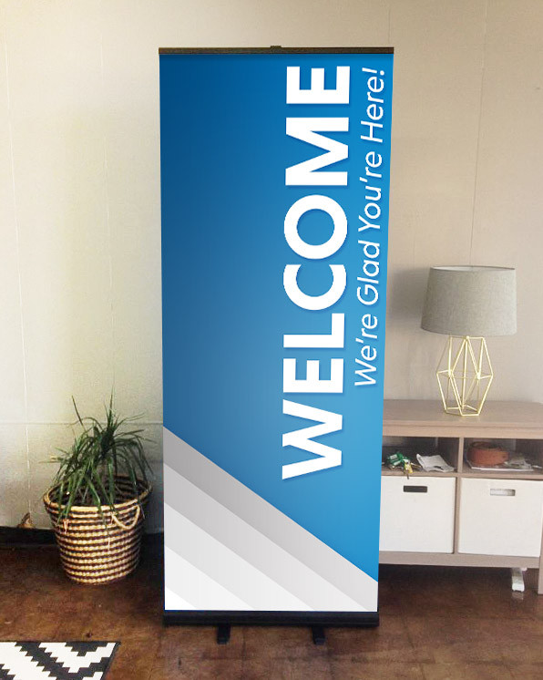 Welcome - D2 Retractable - Silver Stripes Blue - ChurchBanners.com