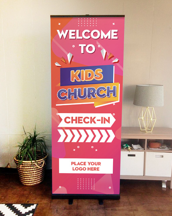 Kids Church Check-In - D2 Retractable - Pink Gradient - ChurchBanners.com