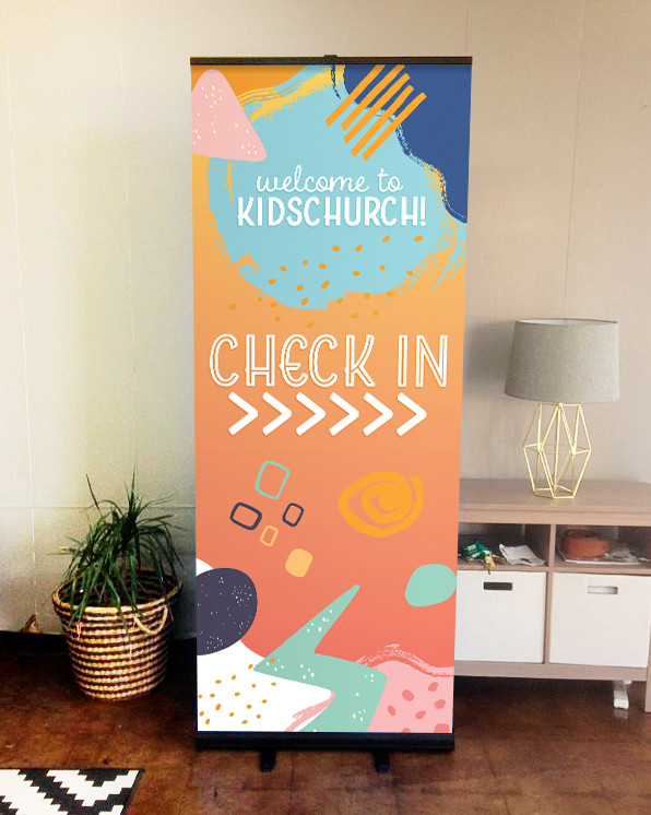 Kids Check In - D2 Retractable - Orange Gradient Shapes - ChurchBanners.com