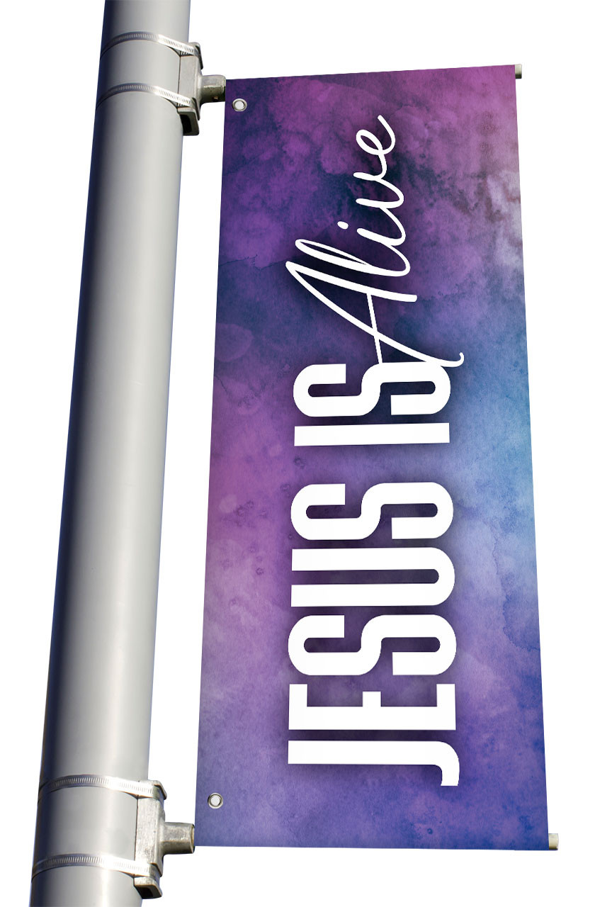 Jesus is Alive - Light Pole Banner - Colorful Clouds - ChurchBanners.com