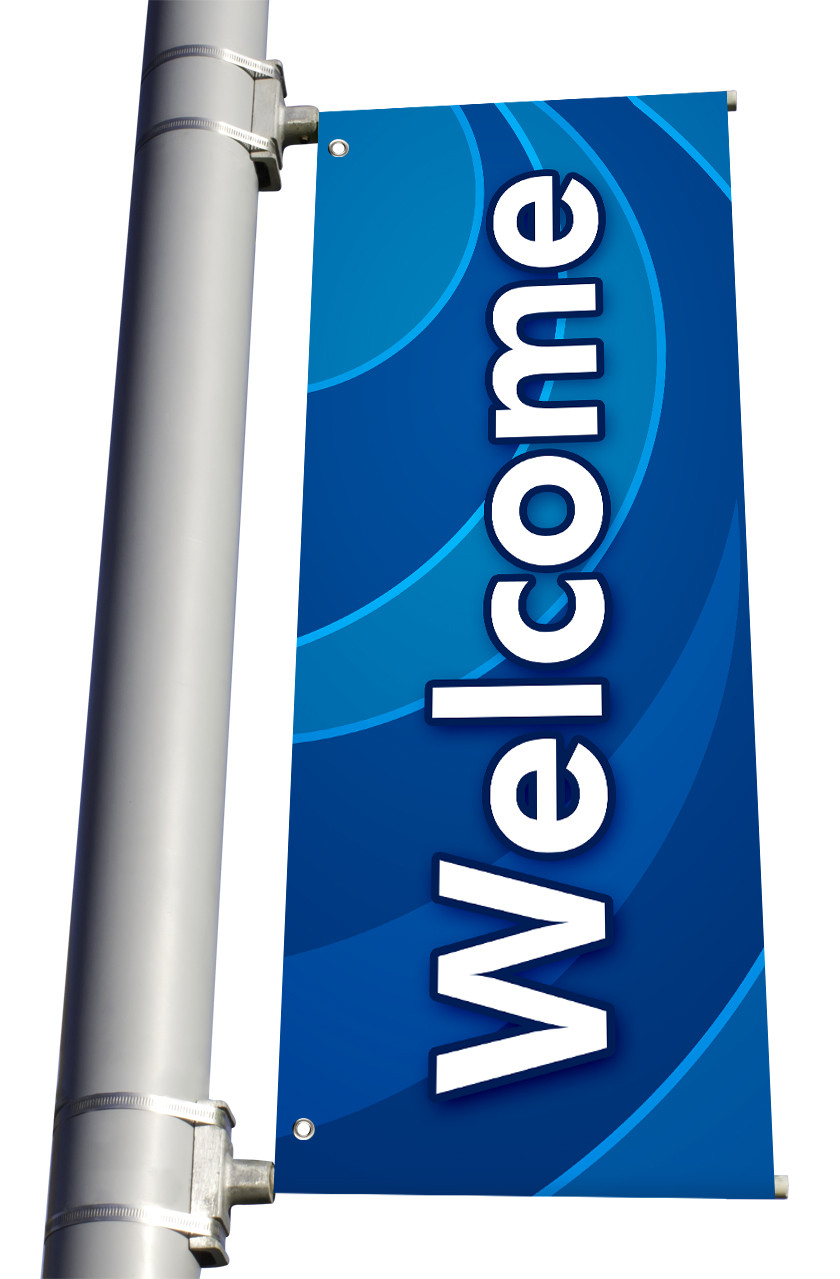 Welcome - Light Pole Banner - Waves Blue - ChurchBanners.com