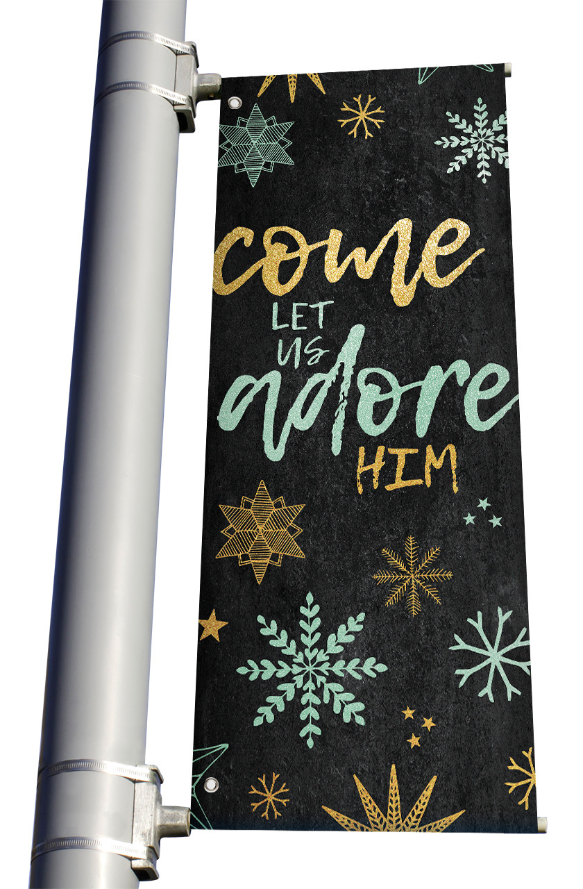 Come Let Us Adore Him - Light Pole Banner - Blue Winter Snowflakes ...