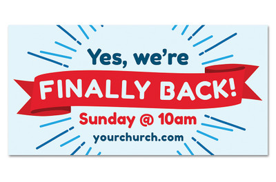 We're Back - Outdoor Vinyl Banner - Yellow Blue Angled Drop ...