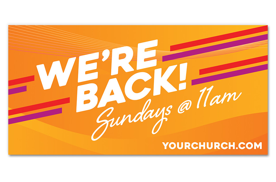 We're Back - Outdoor Vinyl Banner - Yellow Blue Angled Drop ...
