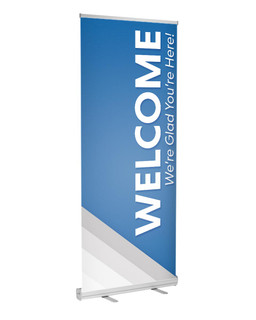 Welcome - D2 Retractable - Silver Stripes Blue - ChurchBanners.com