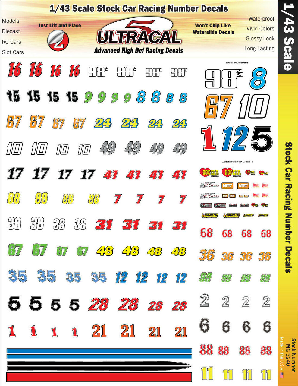 MG 3240 Ultracal Racing Stock Car Racing Number Decals 1:43 Scale for ...