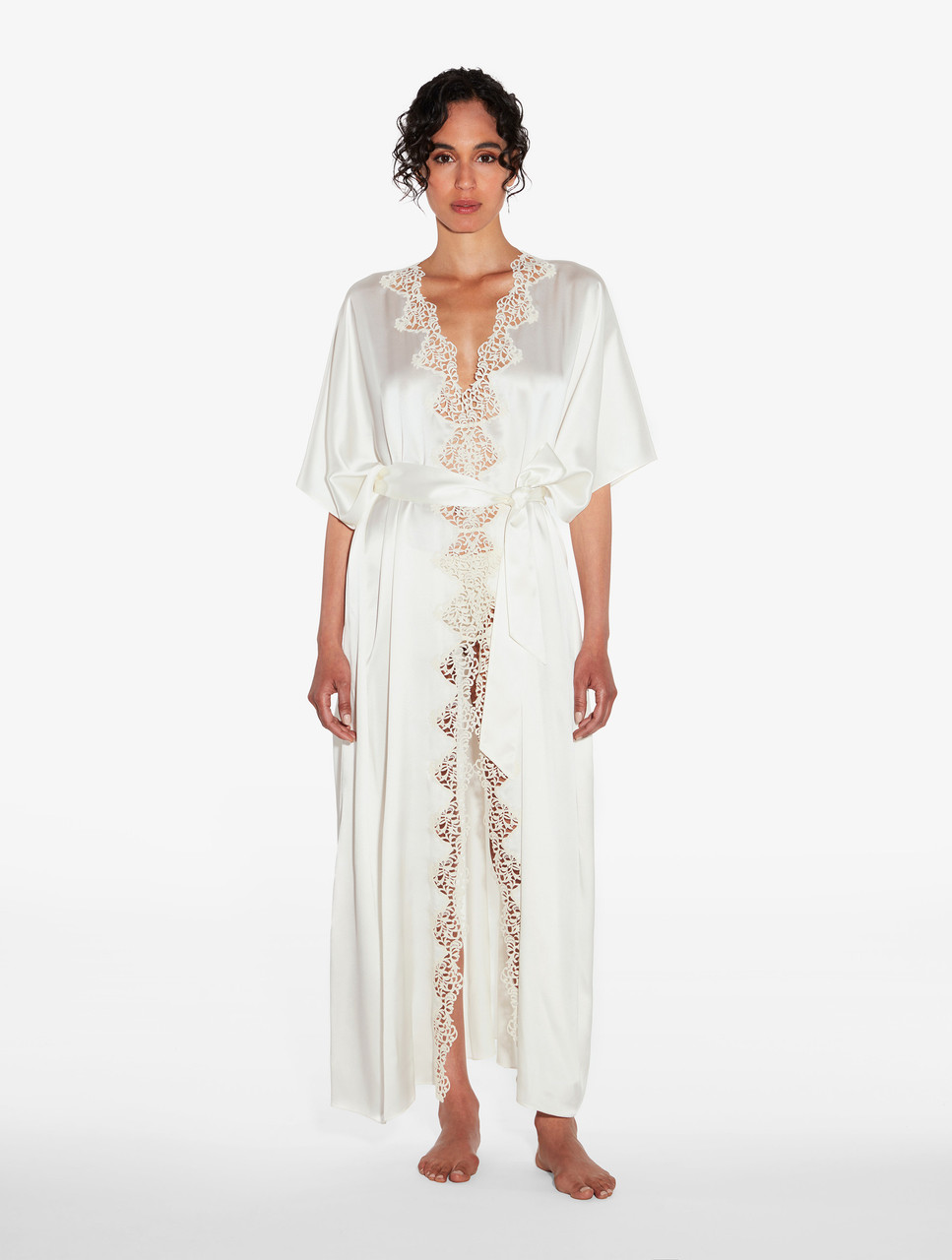 Off-white long silk robe with macramé