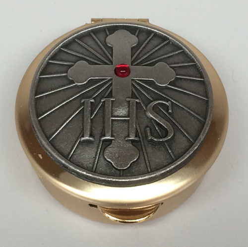 Brass Pyx - Cross with IHS, and a Leather Burse