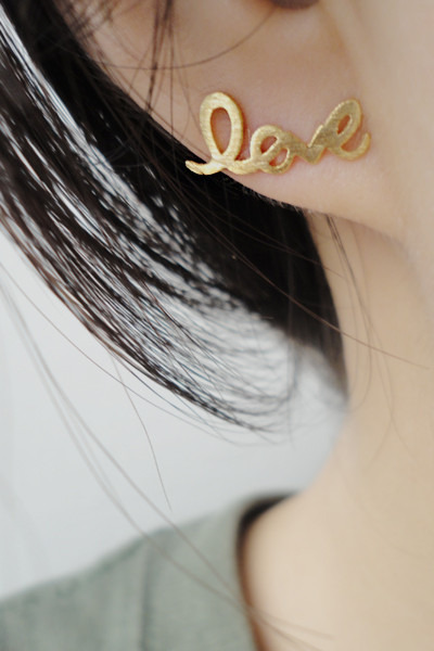 Gold Love Script Earring Studs - kellinsilver.com