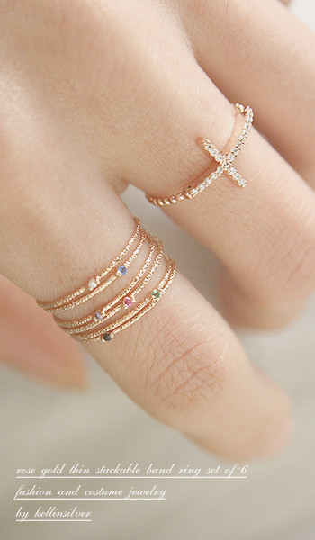 Color Stone Textured Tin Rings Rose Gold Set of 6 - kellinsilver.com