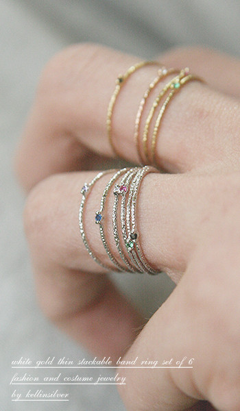 Color Stone Textured Thin Rings White Gold on Sterling Silver ...
