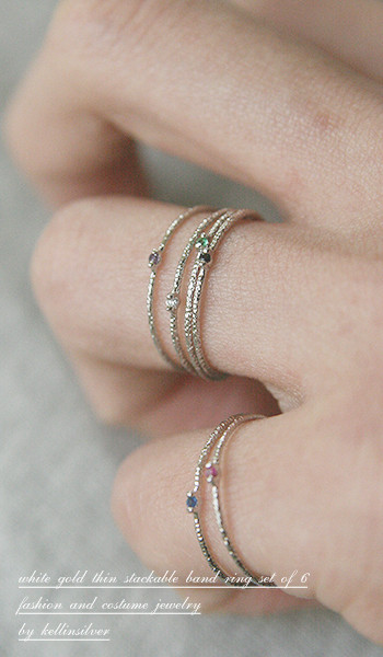 Color Stone Textured Thin Rings White Gold on Sterling Silver ...