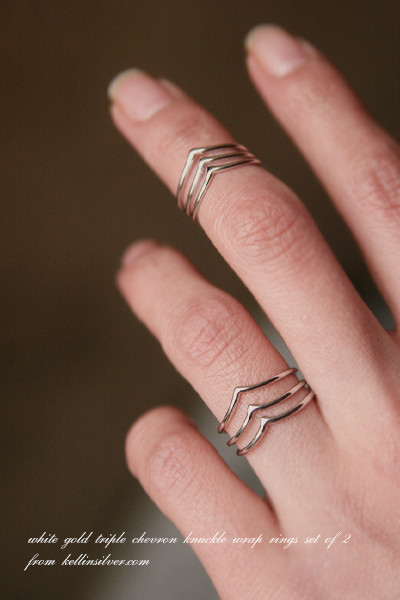 White Gold Triple Chevron Knuckle Wrap Rings Set of 2 - kellinsilver.com