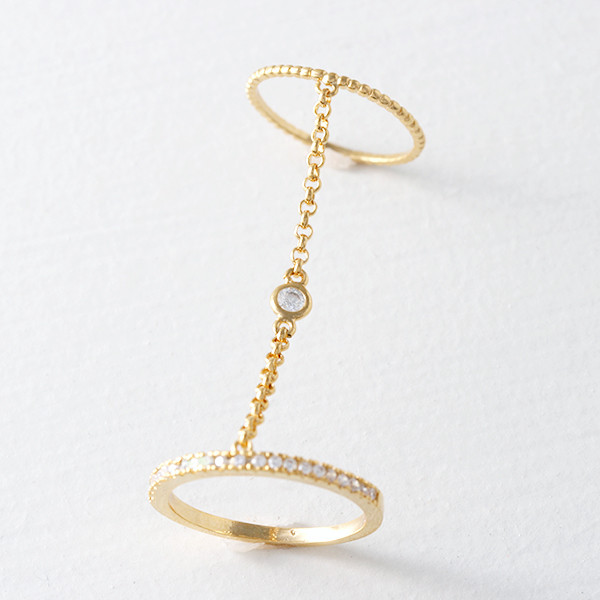 Blue Sapphire Bezel Two Finger Chain Ring White Gold - kellinsilver.com