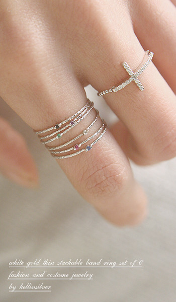 Color Stone Textured Thin Rings White Gold on Sterling Silver ...