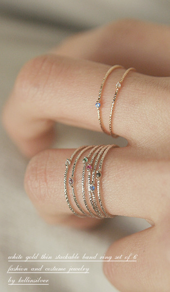 Color Stone Textured Thin Rings White Gold on Sterling Silver ...