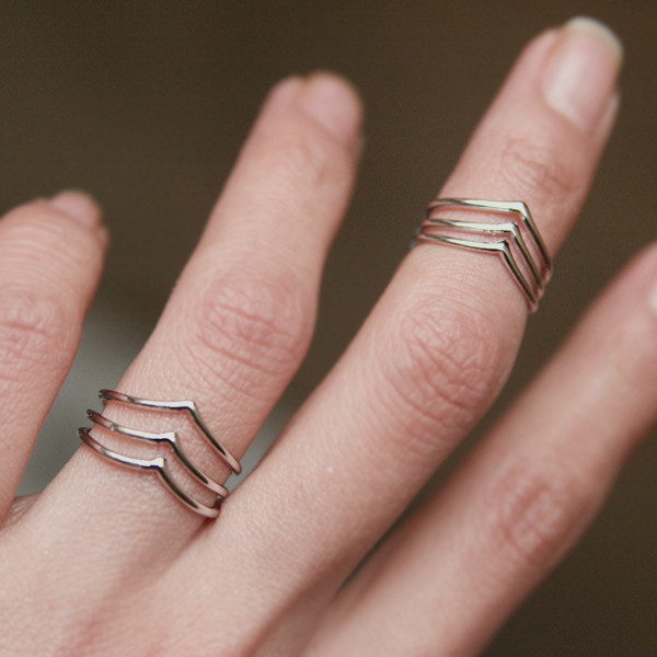 White Gold Triple Chevron Knuckle Wrap Rings Set of 2 - kellinsilver.com