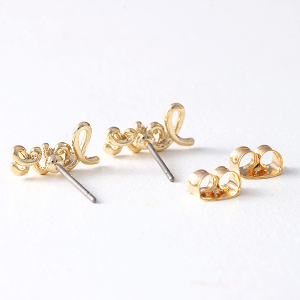 Gold Love Script Earrings Studs - kellinsilver.com
