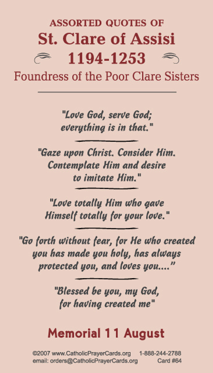 Saint Clare Of Assisi Prayer Card With Quotes Confraternity Of