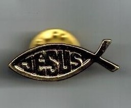 One inch gold lapel fish pin with name of Jesus