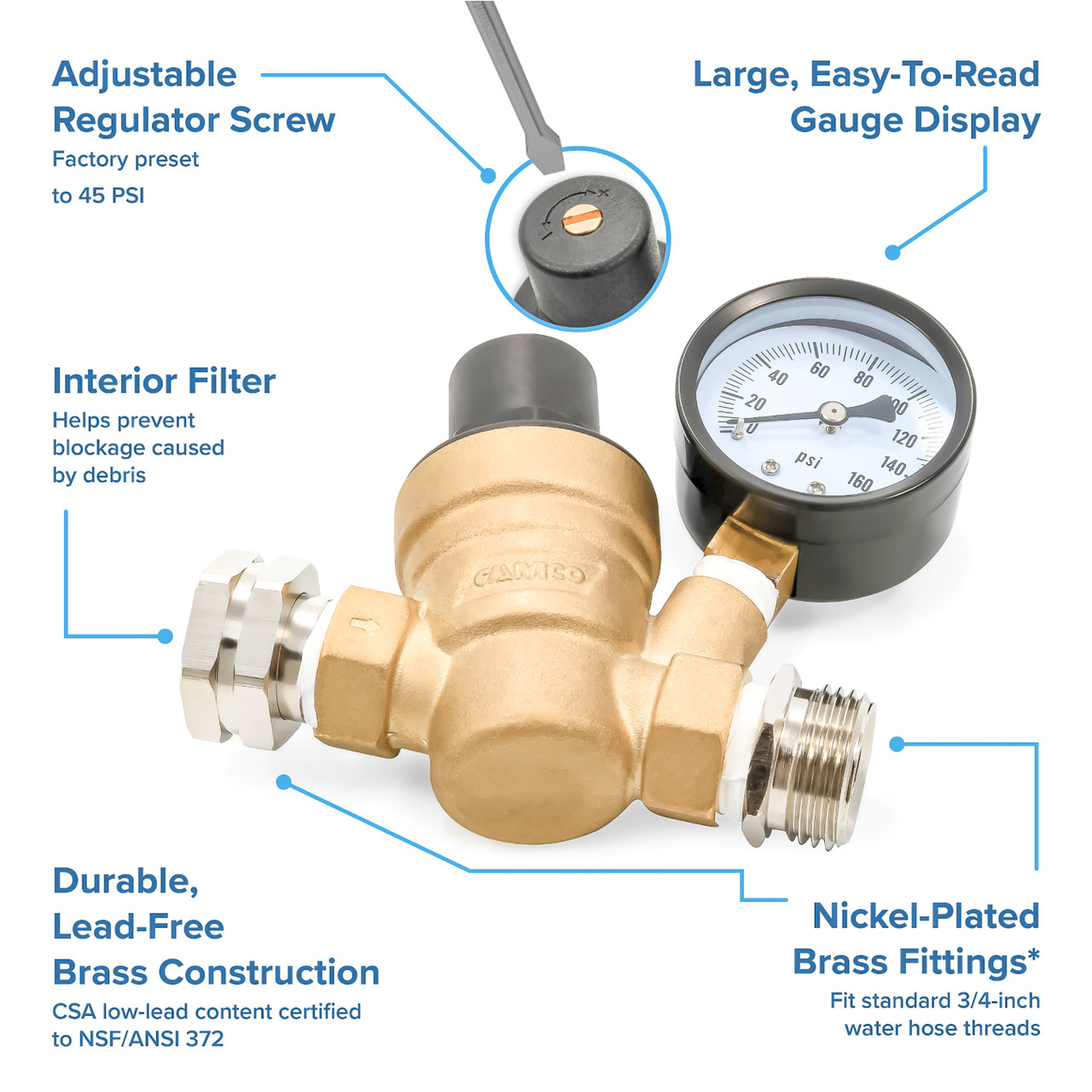 Camco Adjustable RV/Marine Brass Water Pressure Regulator 40058 - Camco ...