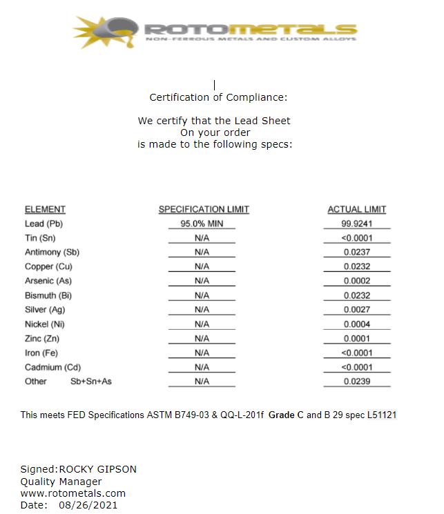 Lead Sheet / Plates - Sheet Lead 1/16" ~4 lbs./SQ FT - RotoMetals