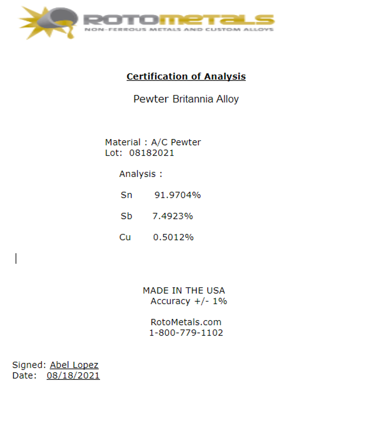 Pewter Alloys Rotometals