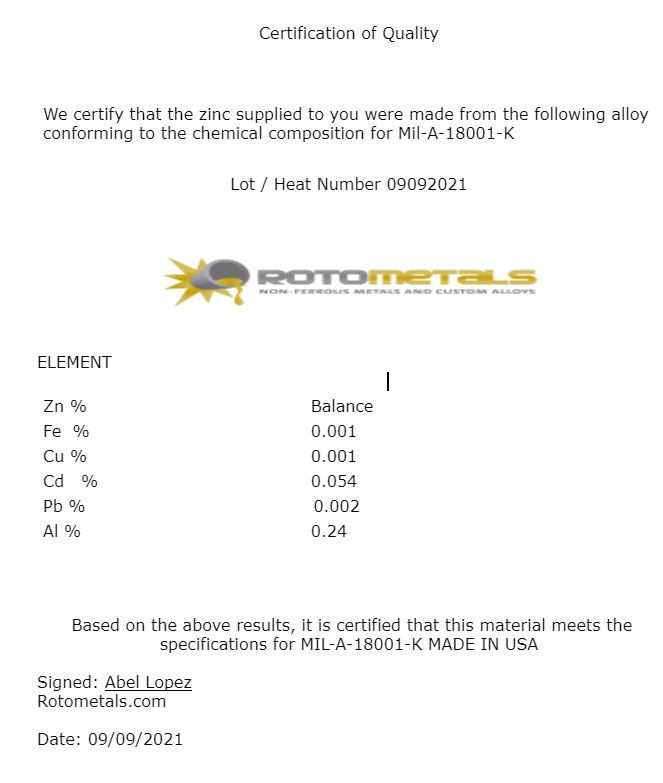 ZHC-23 Zinc Anode 6"x12"x1.25" - RotoMetals