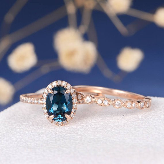 6*8mm Oval Cut London Blue Topaz Unique Engagement Ring Set