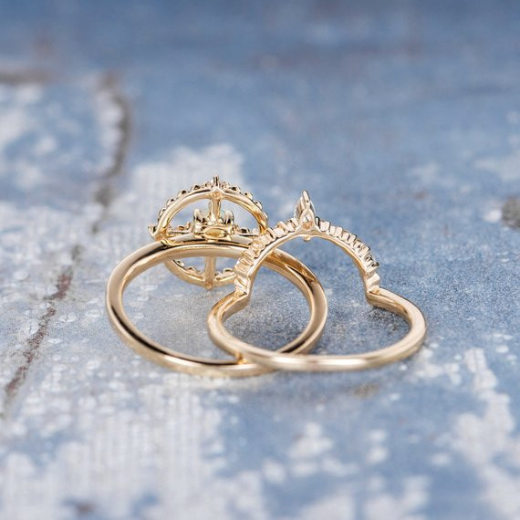 Natural Cabochon Opal Universe Sun Beaded Halo Engagement Ring Set