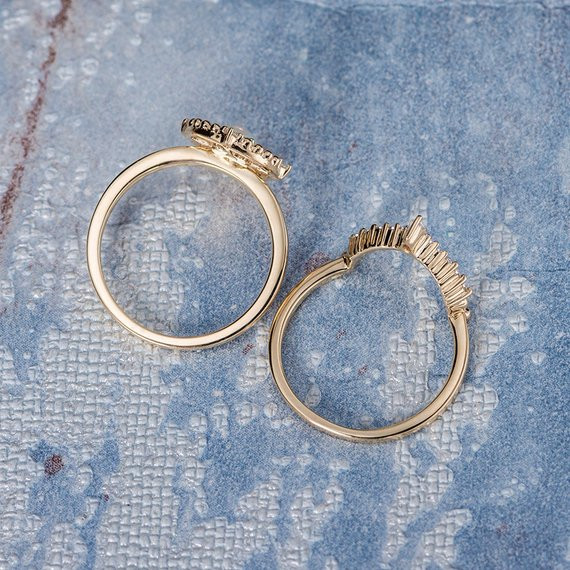 Natural Cabochon Opal Universe Sun Beaded Halo Engagement Ring Set