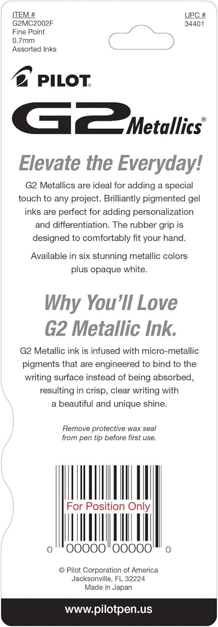 Pen G2 Metallic Retractable Assorted Inks/Fine 2ct.