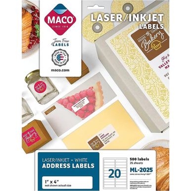 Labels Laser & Ink Jet 1" x 4 White 25 Sheets-500 Labels