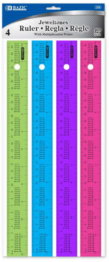 Ruler 12" Plastic w/Multiplication Prints 4Pk