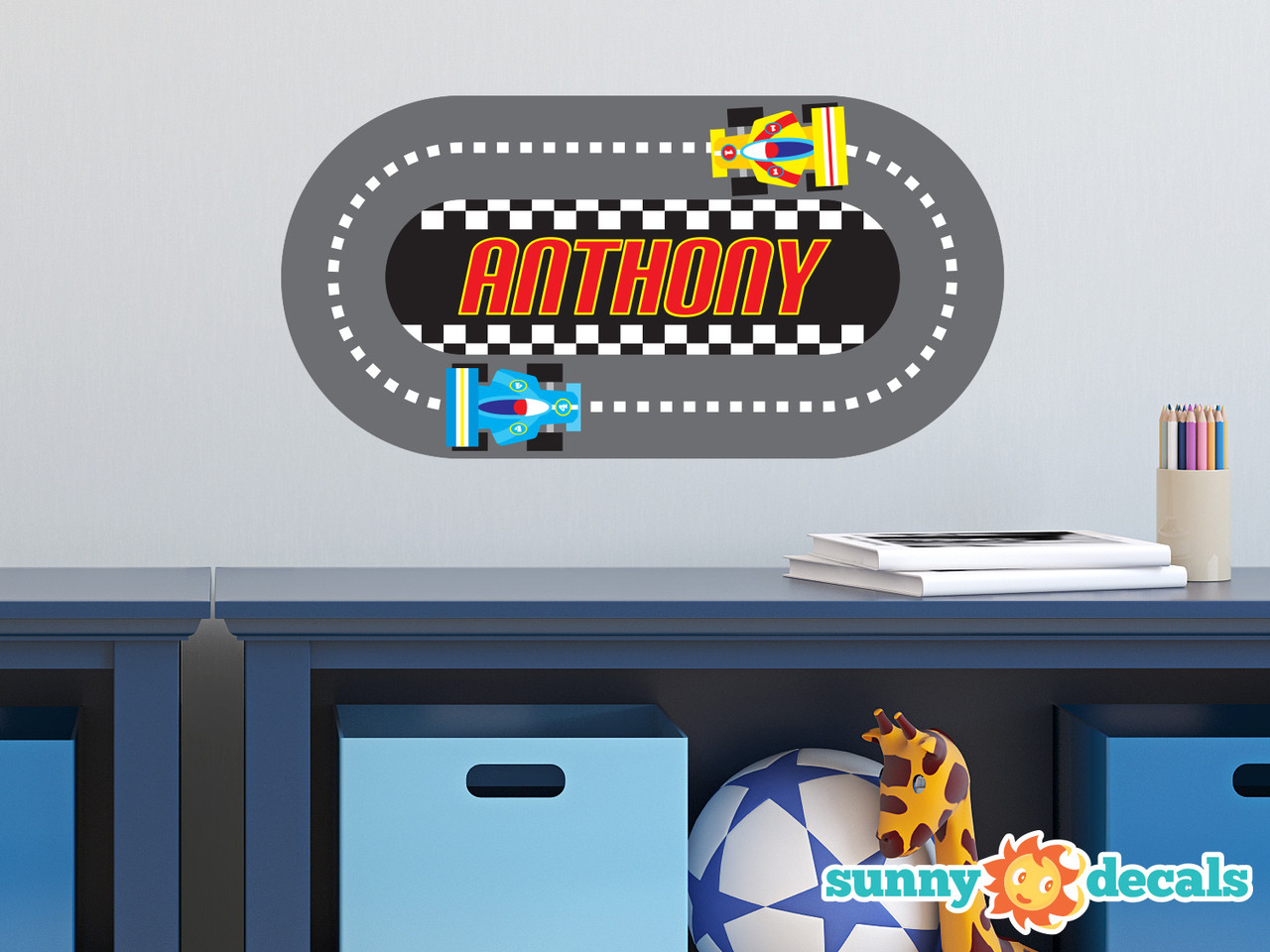 Racing Track with Custom Name Fabric Wall Decal - Customized Name Decal