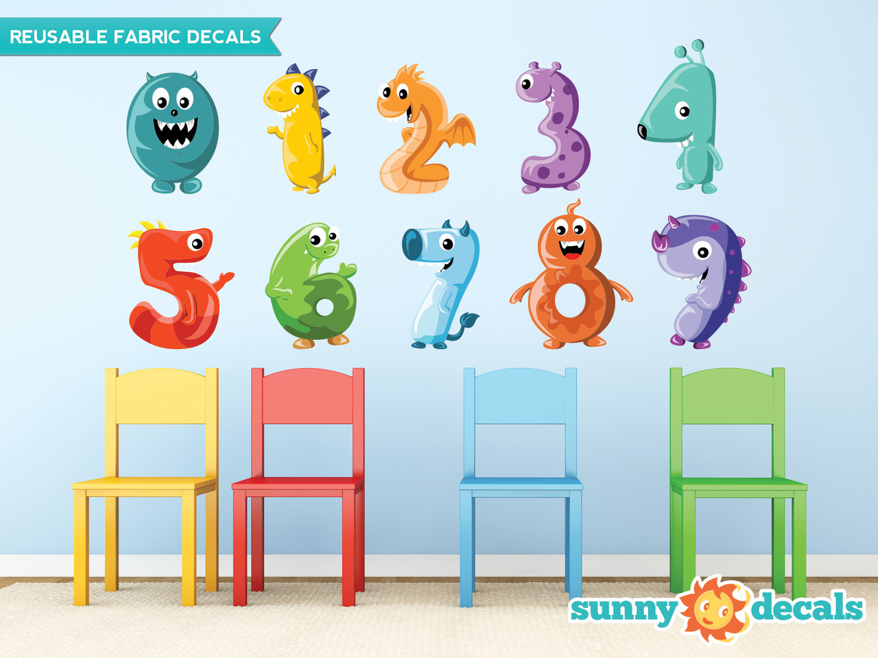 Monster Numbers Fabric Wall Decals, Colorful Numbers from 0 to 9