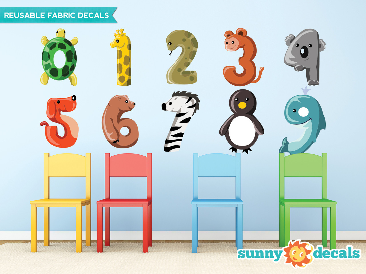 Animal Numbers Fabric Wall Decals, Colorful Numbers from 0 to 9