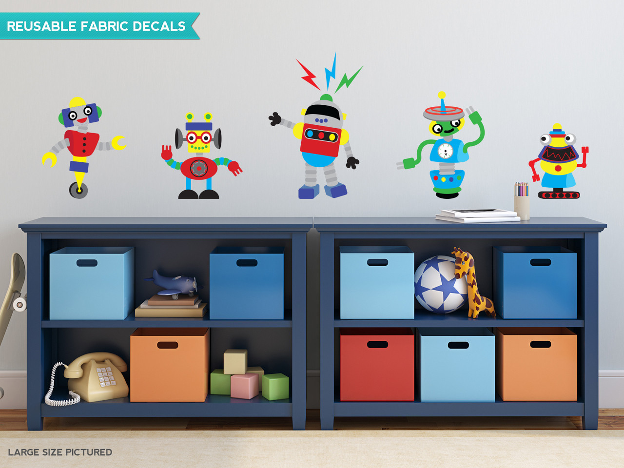 Robot Fabric Wall Decals, Set of 5 Cool Robots, 3 Size Options